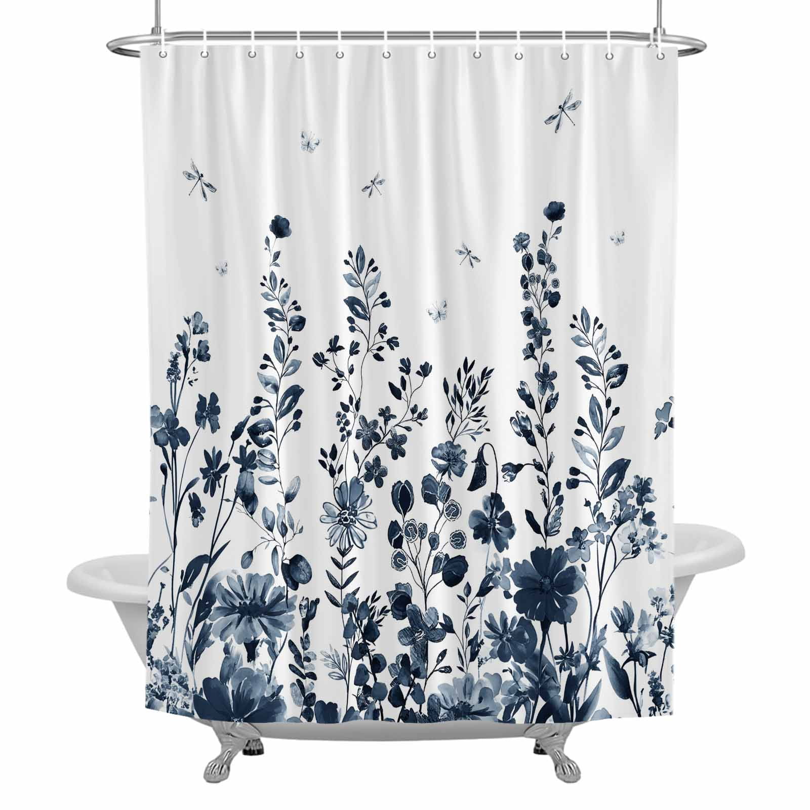 Blue Flower Shower Curtain for Bathroom, Dragonfly Leaf Bud Ink Style ...