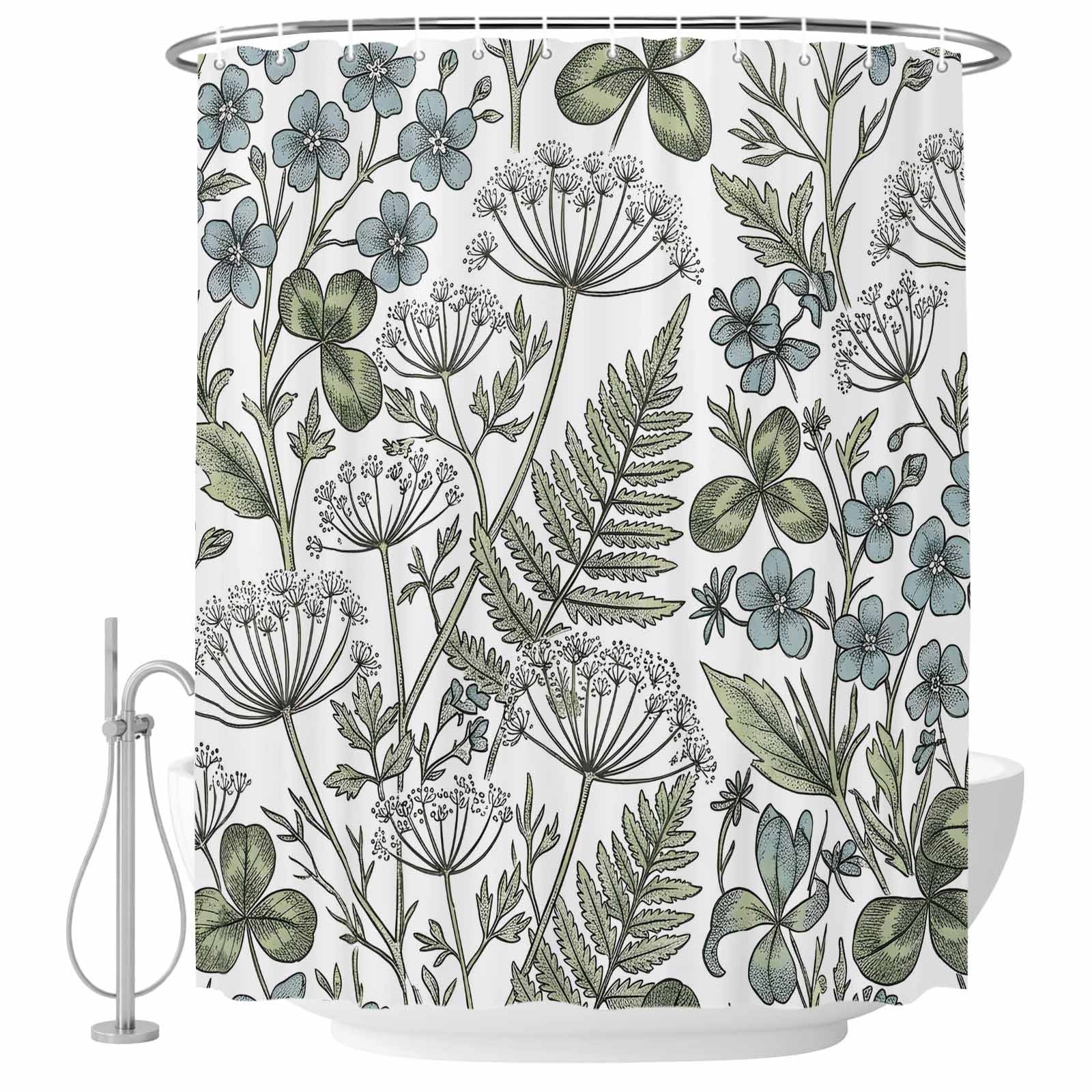 Blue Flower Shower Curtain for Bathroom, Green Leaf Spring Wildflowers ...