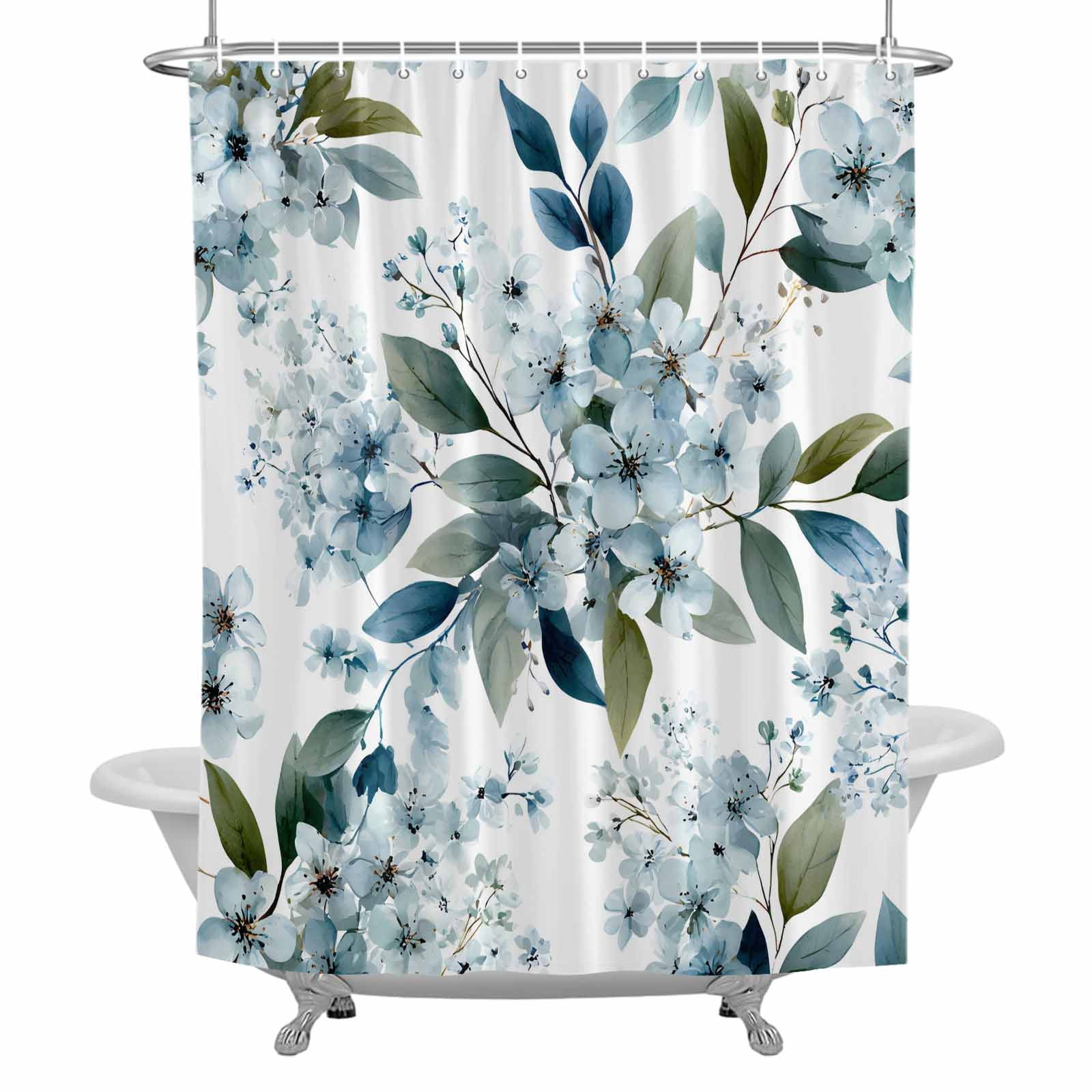 Blue Flower Shower Curtain for Bathroom, Watercolor Spring Blue Floral ...