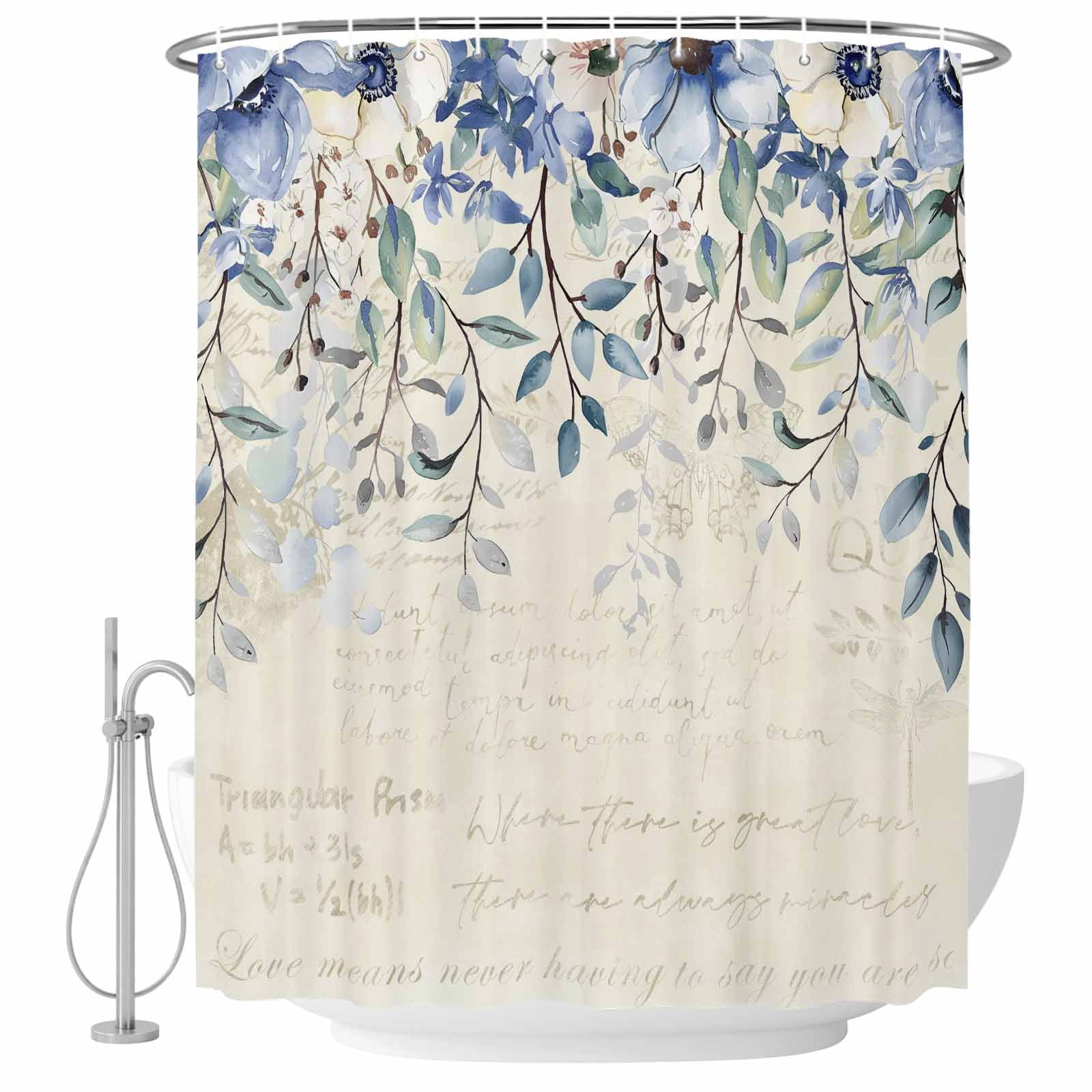 Blue Flower Shower Curtain, Farmhouse Eucalyptus Retro Country Plant ...