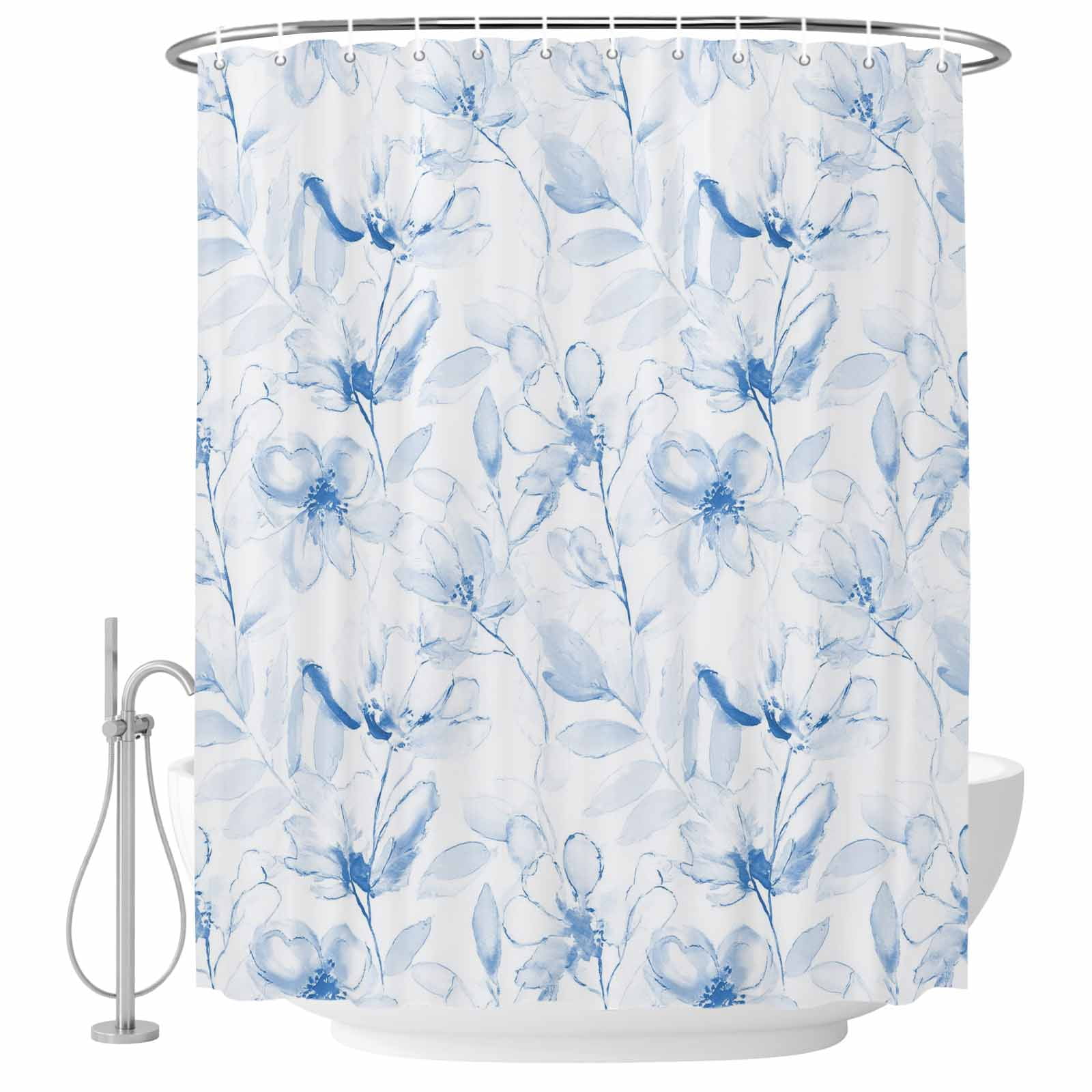Blue Flower Shower Curtain Set - 72" x 78" Washable Bathtub Curtain ...