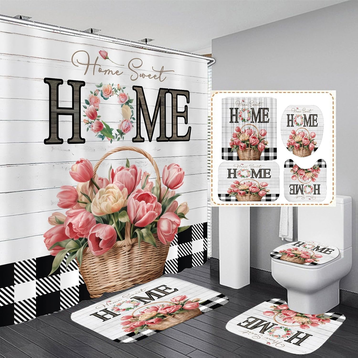 Blue Flower Shower Curtain Set Home Sweet Home Bathroom Sets Rustic ...