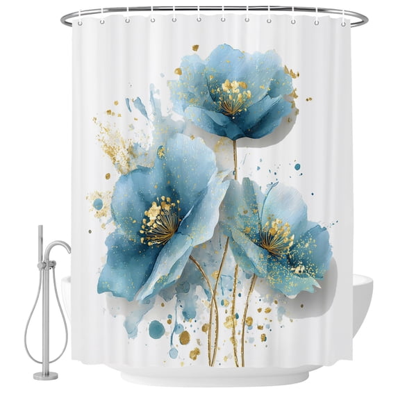 Blue Flower Shower Curtain Set with Hooks, Watercolor Floral Abstract ...