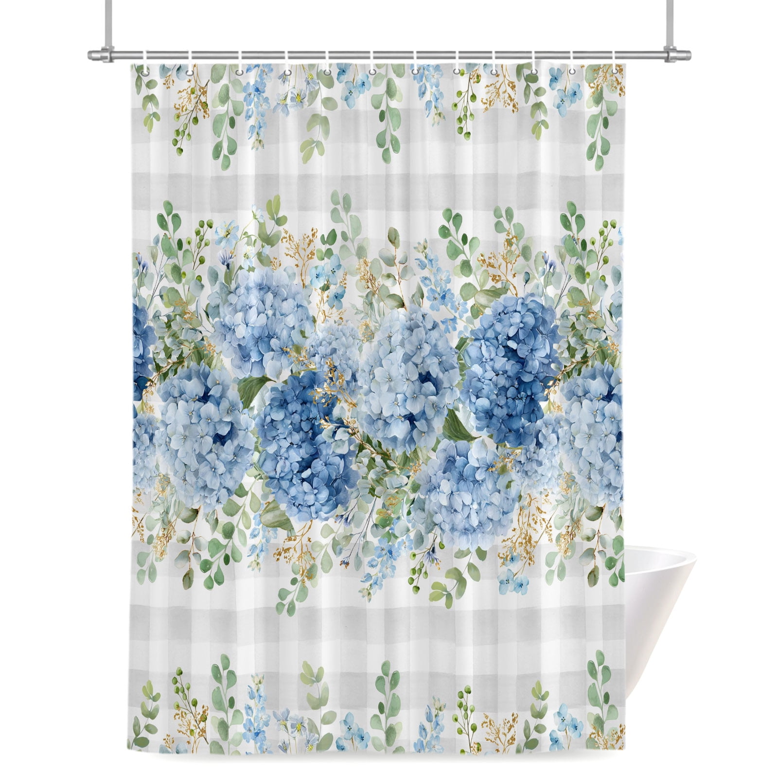 Blue Flower Shower Curtain, Summer Country Hydrangea Floral Grey Plaid ...