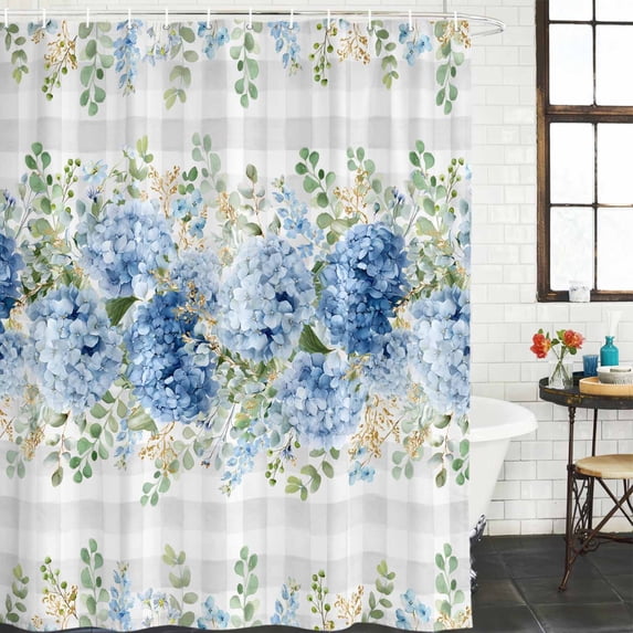 Blue Flower Shower Curtain, Summer Country Hydrangea Floral Grey Plaid ...