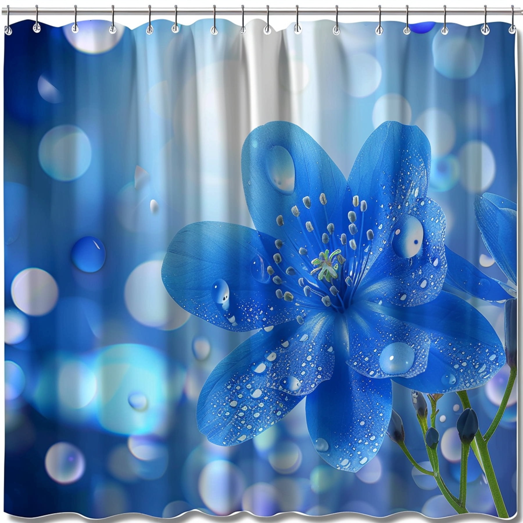 Blue Flower Shower Curtain with Water Drops and Bokeh Background ...