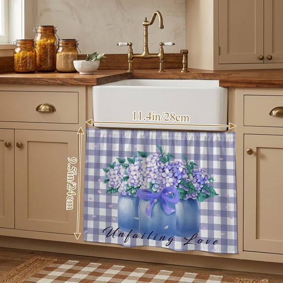 Blue Flower, Small Cabinet Curtains 9.5"W x 11.4"L, Green Leaves Rustic ...