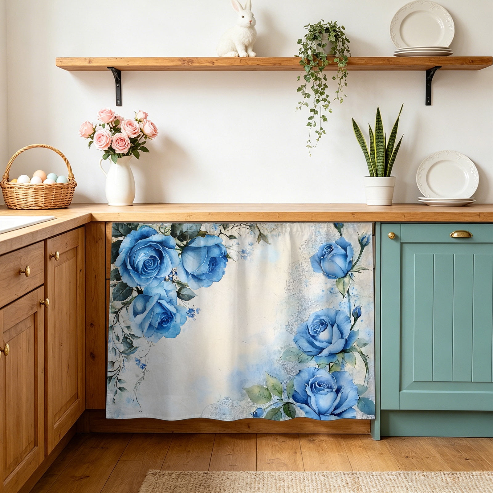 Blue Flower Spring Cabinet Curtain 28"Wx35"L,Dustproof Under Sink Skirt ...
