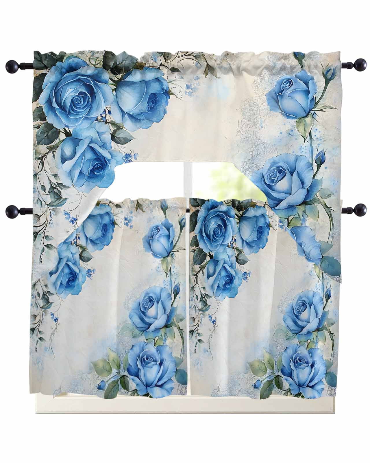 Blue Flower Spring Kitchen Curtains Sets 36 Inch Length with Valance ...
