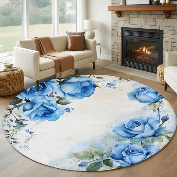 Blue Flower Spring Round Area Rug 5 FT, Non Slip Bedroom Rugs, Rose ...