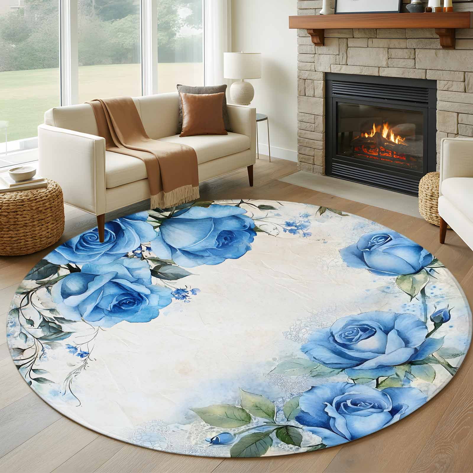 Blue Flower Spring Round Area Rug 6 FT, Non Slip Bedroom Rugs, Rose ...