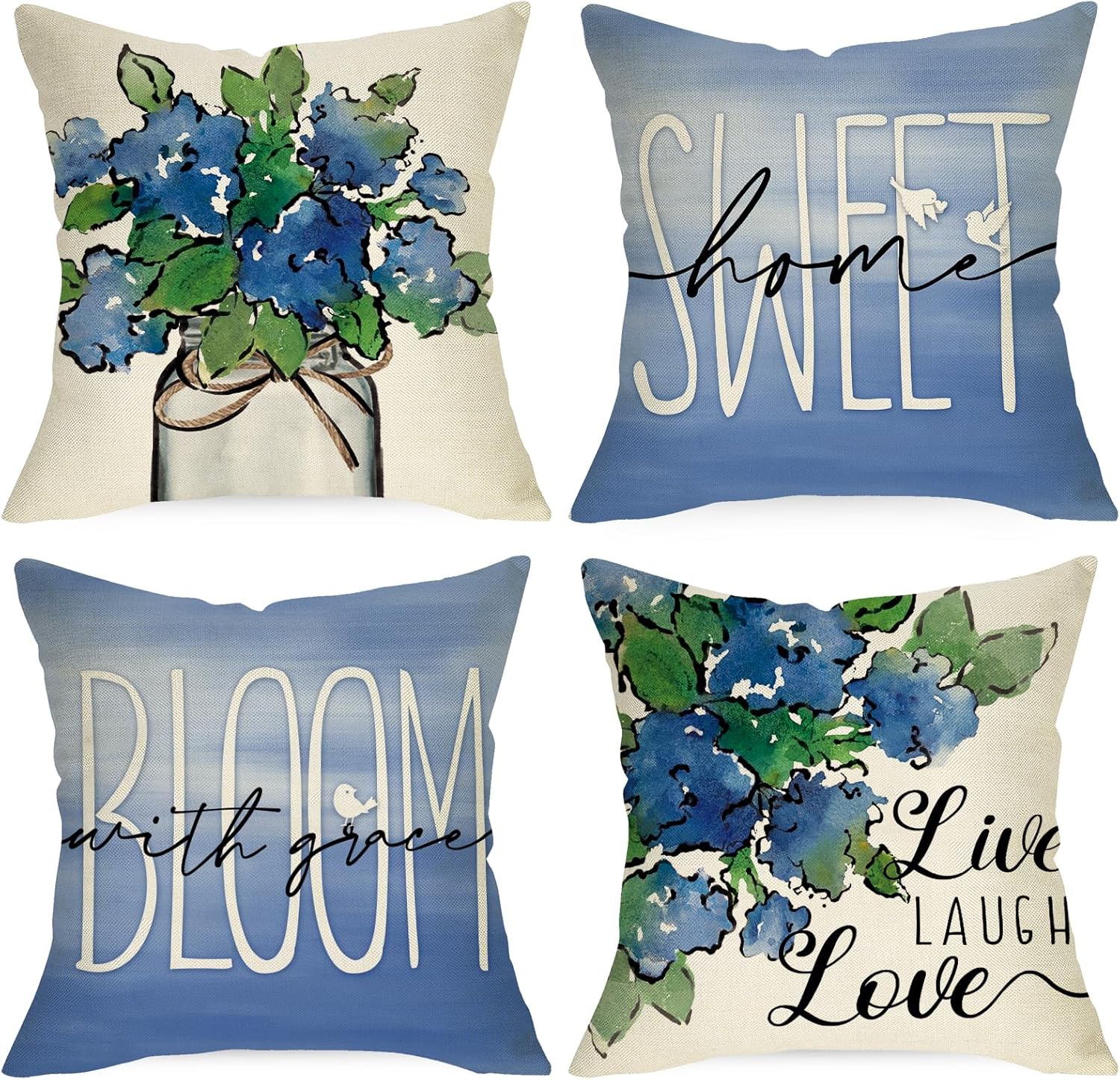 Blue Flower Spring Summer Decorative Throw Pillow Covers 18 x 18 Set of ...