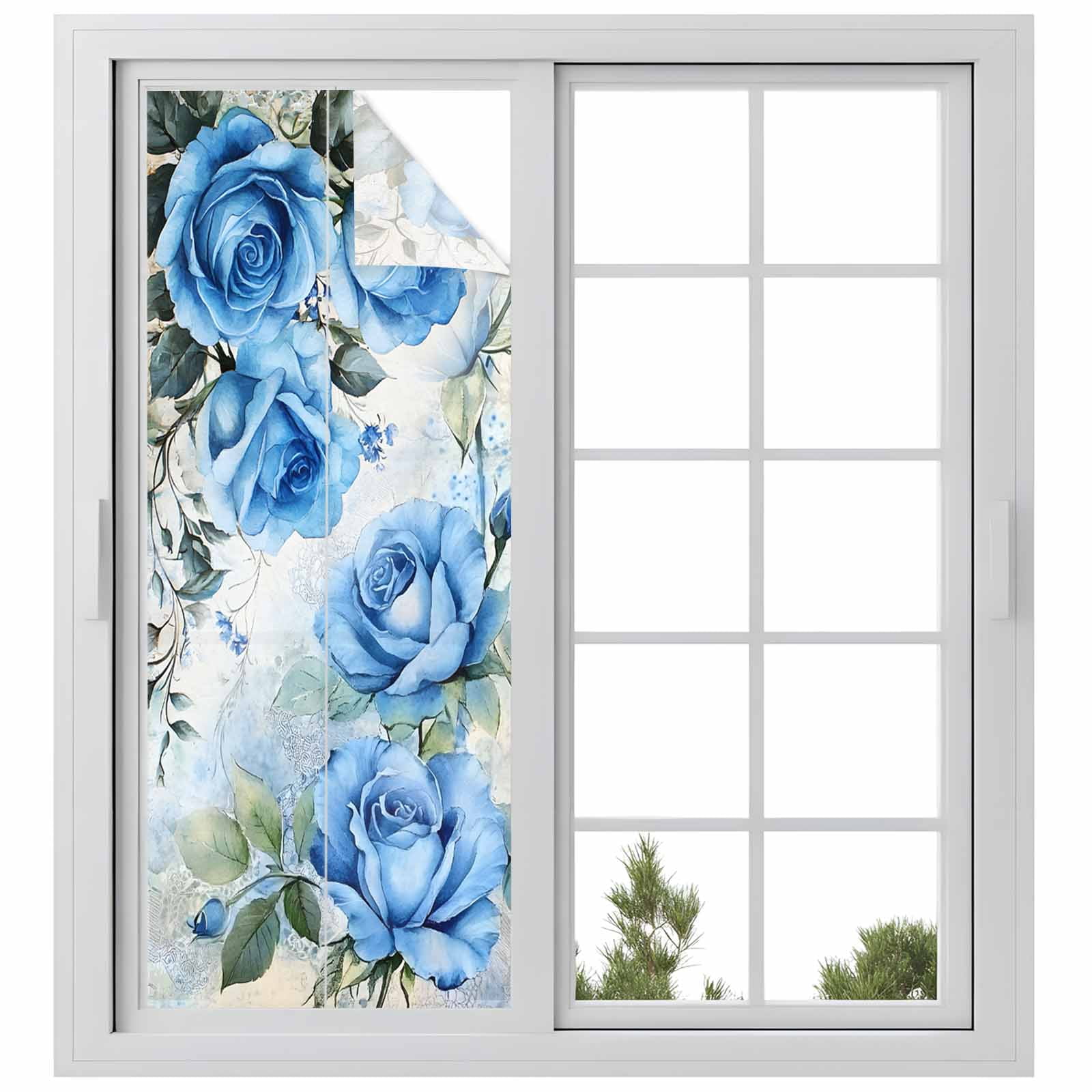 Blue Flower Spring Window Privacy Film, Rose Leaves Garden Pastoral ...