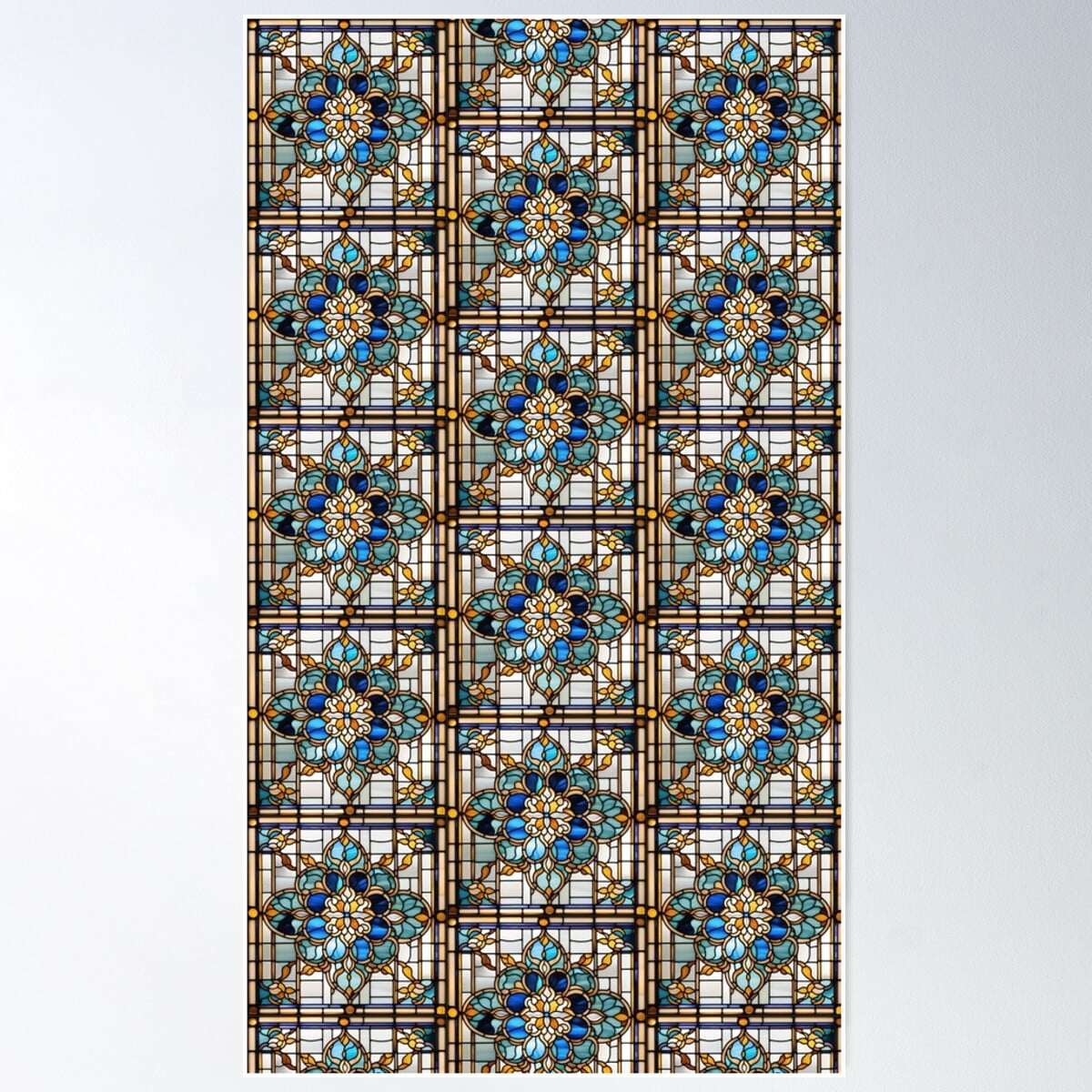 Blue Flower Stained Glass Tiles Poster Wall Art, Modern Wall Decor For ...