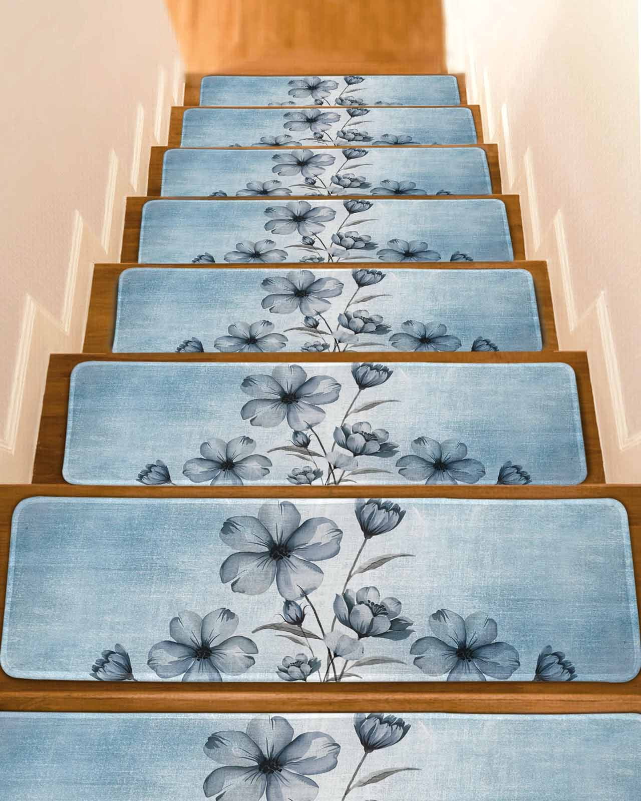 Blue Flower Stair Treads for Wooden Steps Indoor Runner Rug Carpet ...