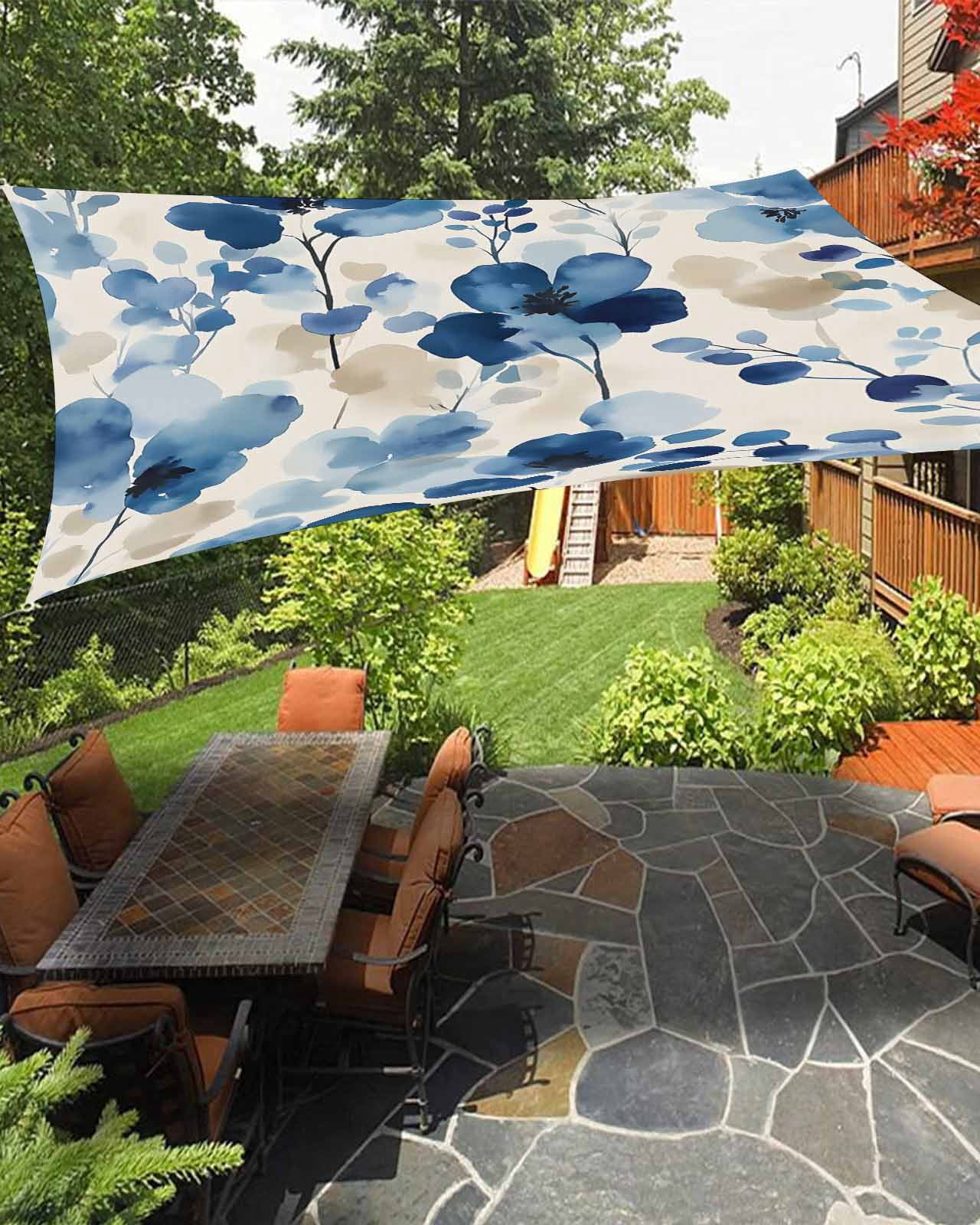 Blue Flower Sun Shade Sail 12'X16' Pastoral Plant Watercolor Leaves ...