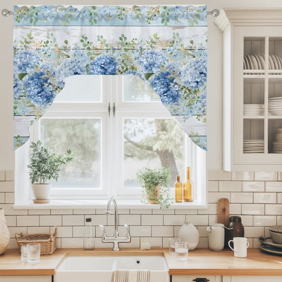 Blue Flower Swag Curtain Valance for Windows, Summer Country Hydrangea ...