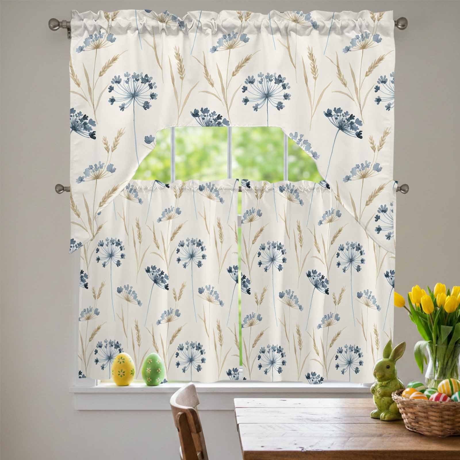 Blue Flower Swag Curtains Valance & Tier Set, Gold Wheat Country ...
