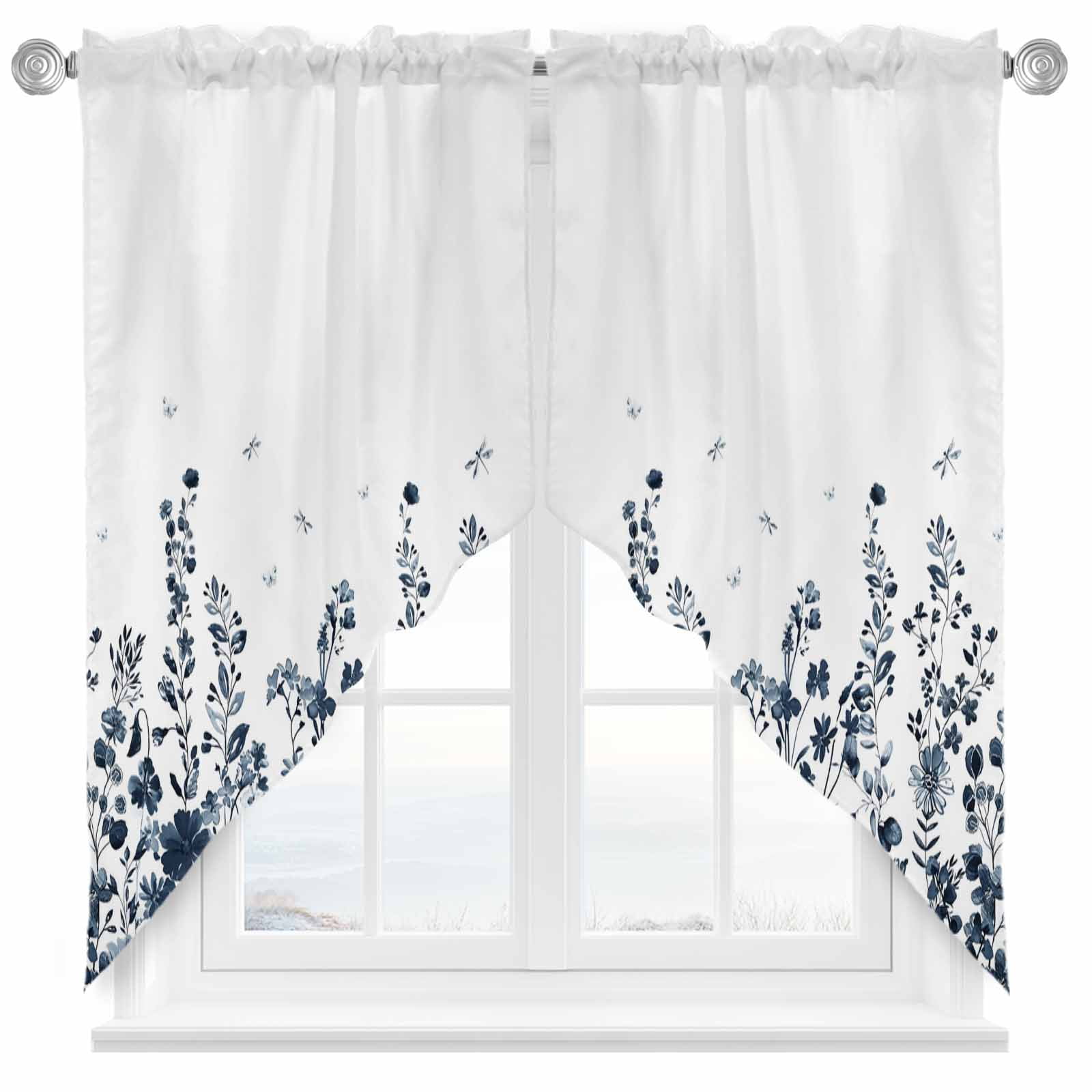 Blue Flower Swag Kitchen Curtain Valances, Dragonfly Leaf Bud Ink Style ...