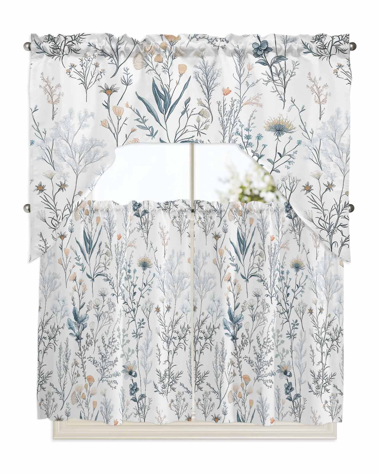 Blue Flower Swag Valance and Tier Curtains 36'' Length Set, Watercolor ...