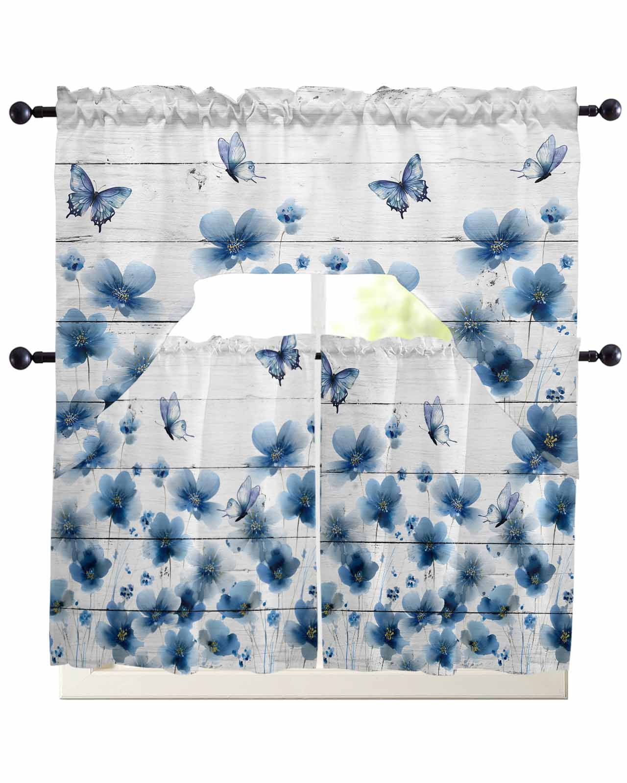 Blue Flower Swag Valance for Window, 3 Piece Watercolor Spring Blue ...