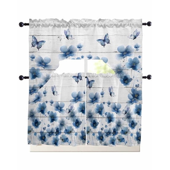 Blue Flower Swag Valance for Window, 3 Piece Watercolor Spring Blue ...