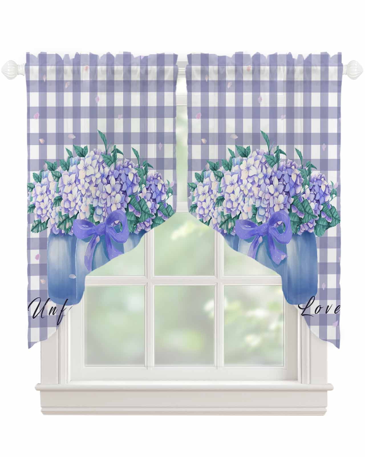 Blue Flower Swag Valances for Windows, Green Leaves Rustic Plaid Purple ...