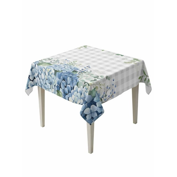 Blue Flower Table Cloth, Grey Plaid Hydrangeas Eucalyptus Leaves ...