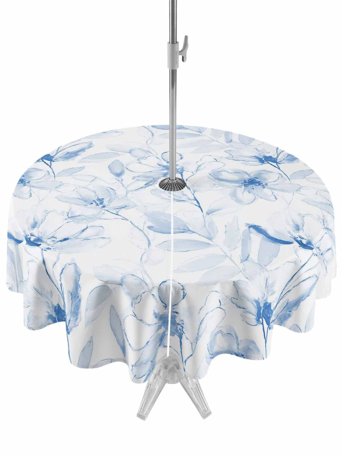 Blue Flower Table Cloth Round Tablecloth, Watercolor Floral Botanical ...