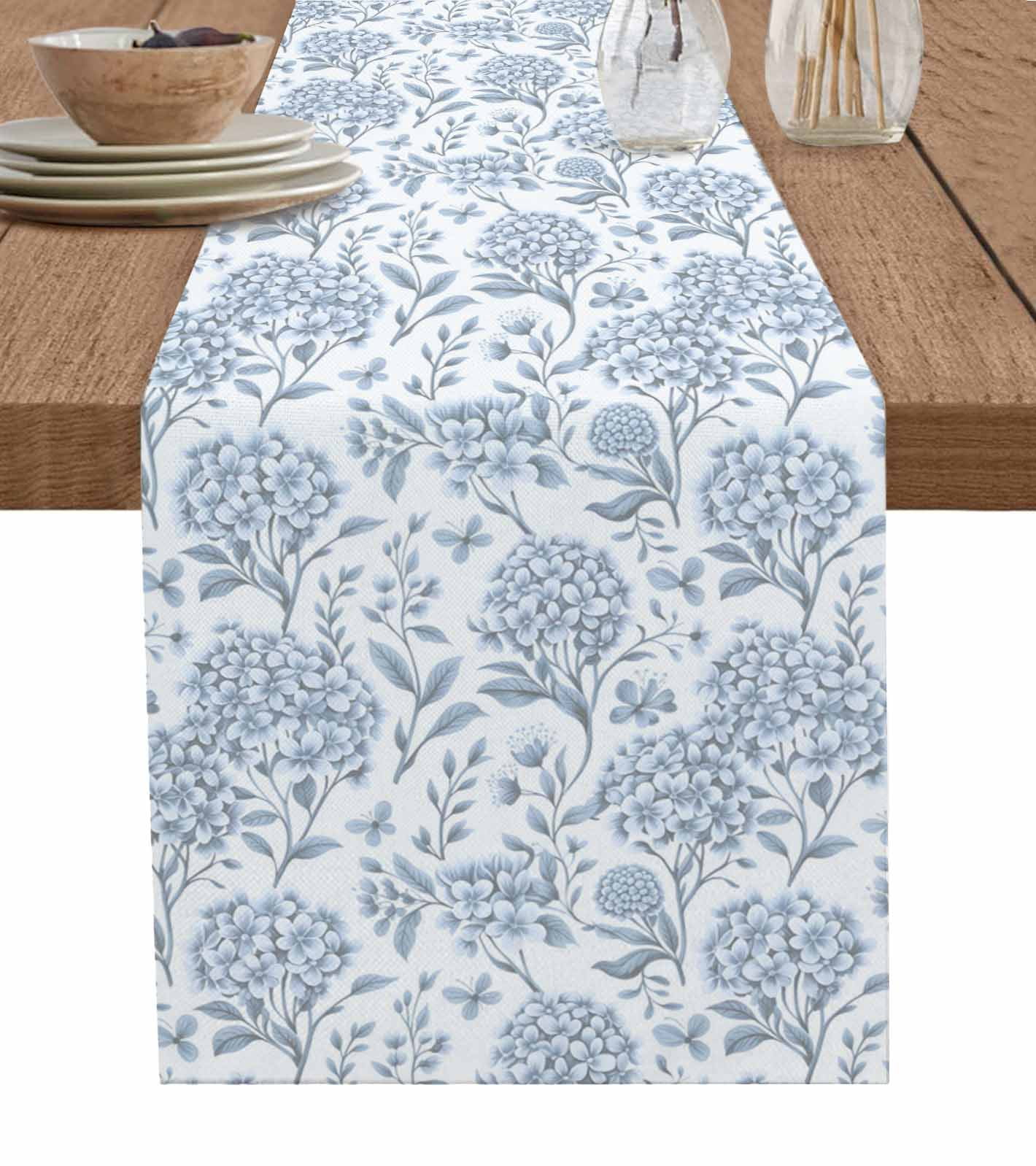 Blue Flower Table Runner 108 Inches, Botanical Floral Vintage ...