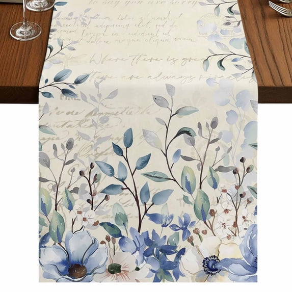 Blue Flower Table Runner 108 Inches Long,Farmhouse Eucalyptus Retro ...