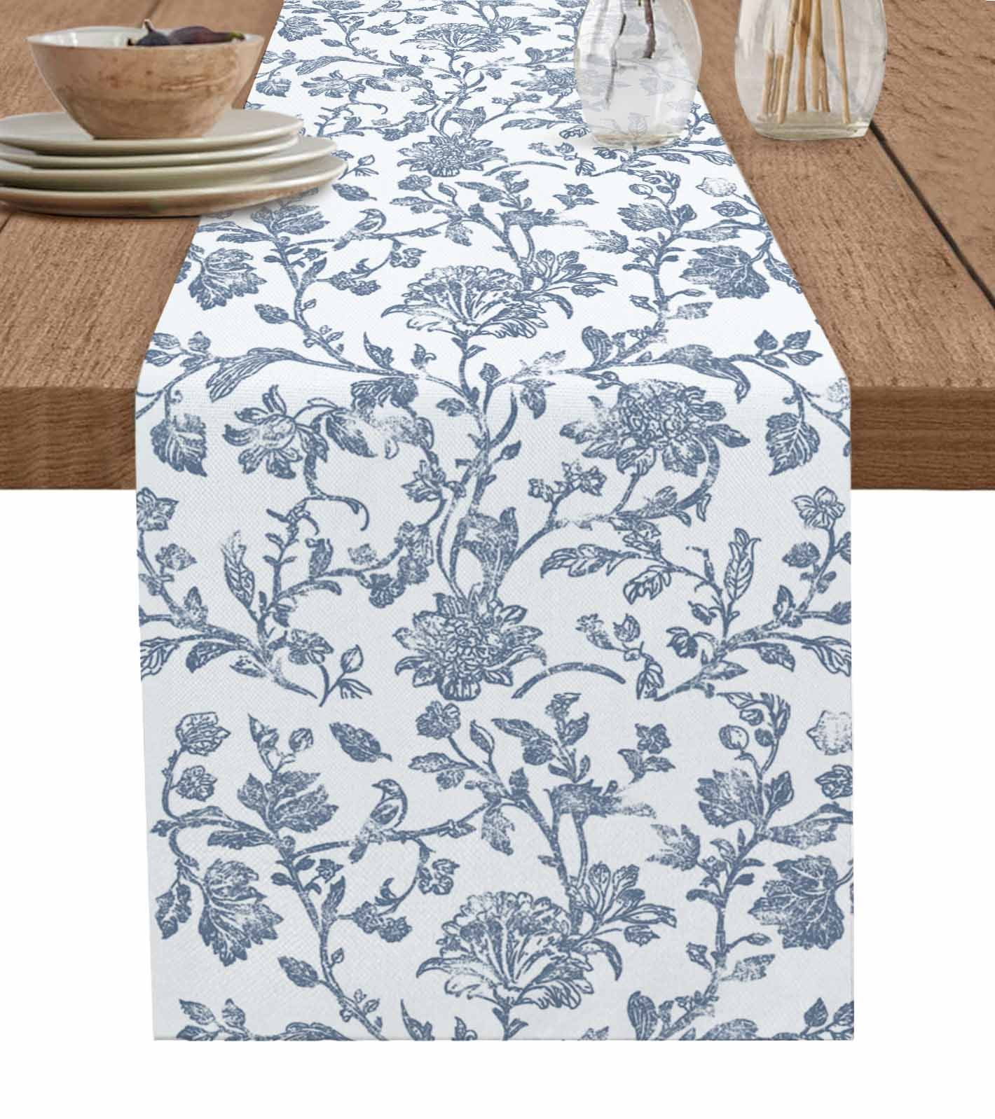 Blue Flower Table Runner 120 Inches, Vintage Farmhouse Boho Leaf Spring ...