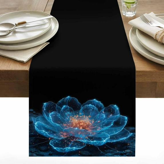 Blue Flower Table Runner 13x72 inch Transparent Flowers Cotton Linen ...