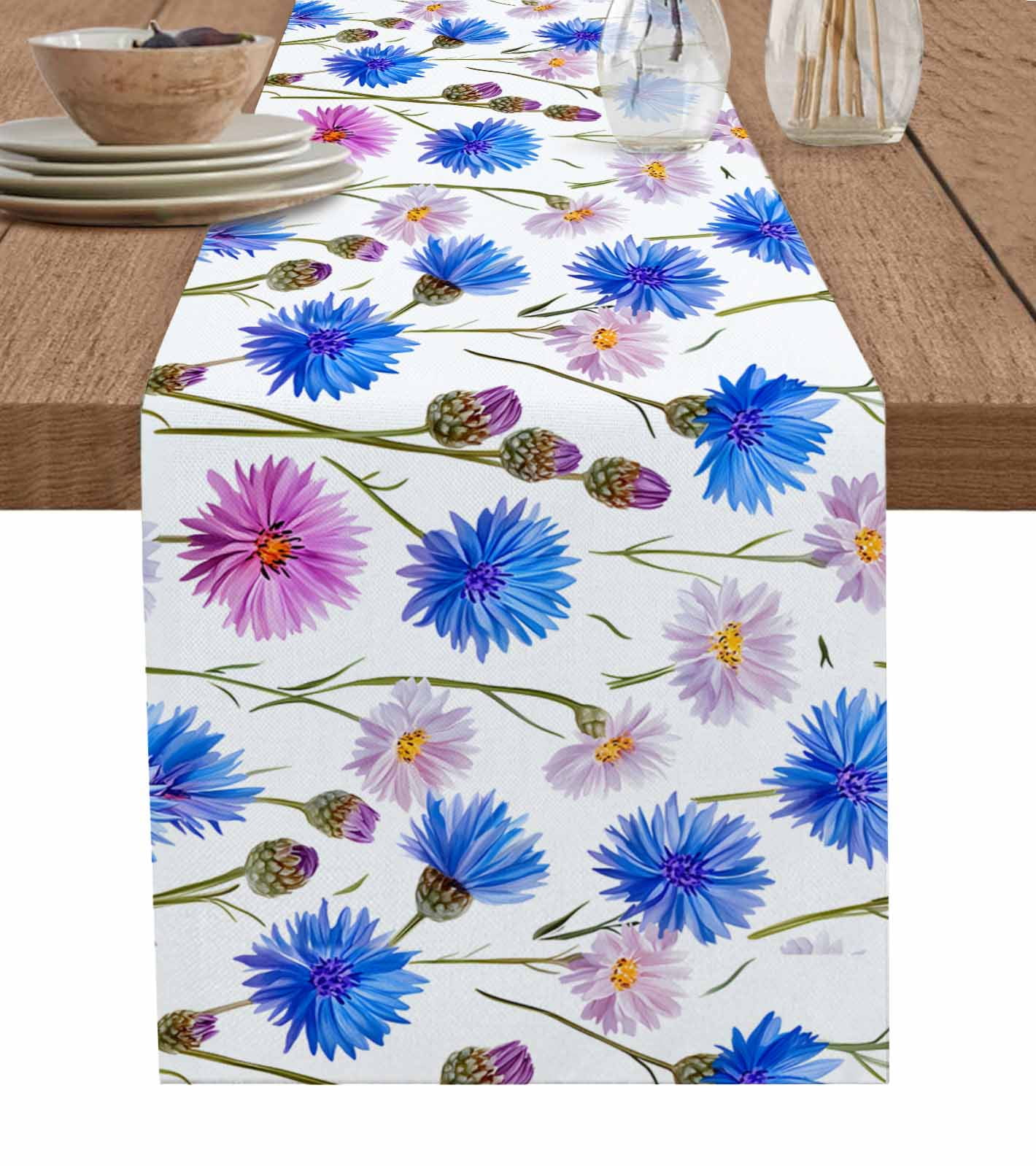Blue Flower Table Runner 60 Inches, Pink Daisy Watercolor Farm Budding ...