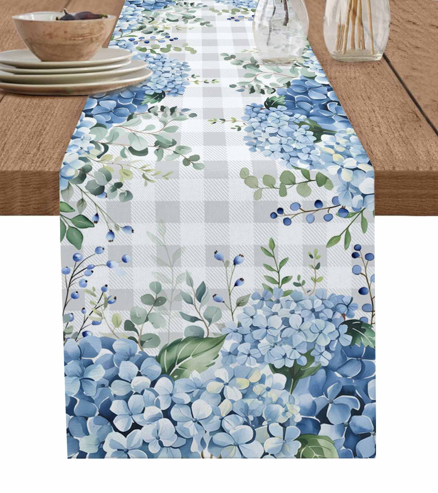 Blue Flower Table Runner 72 Inches, Grey Plaid Hydrangeas Eucalyptus ...