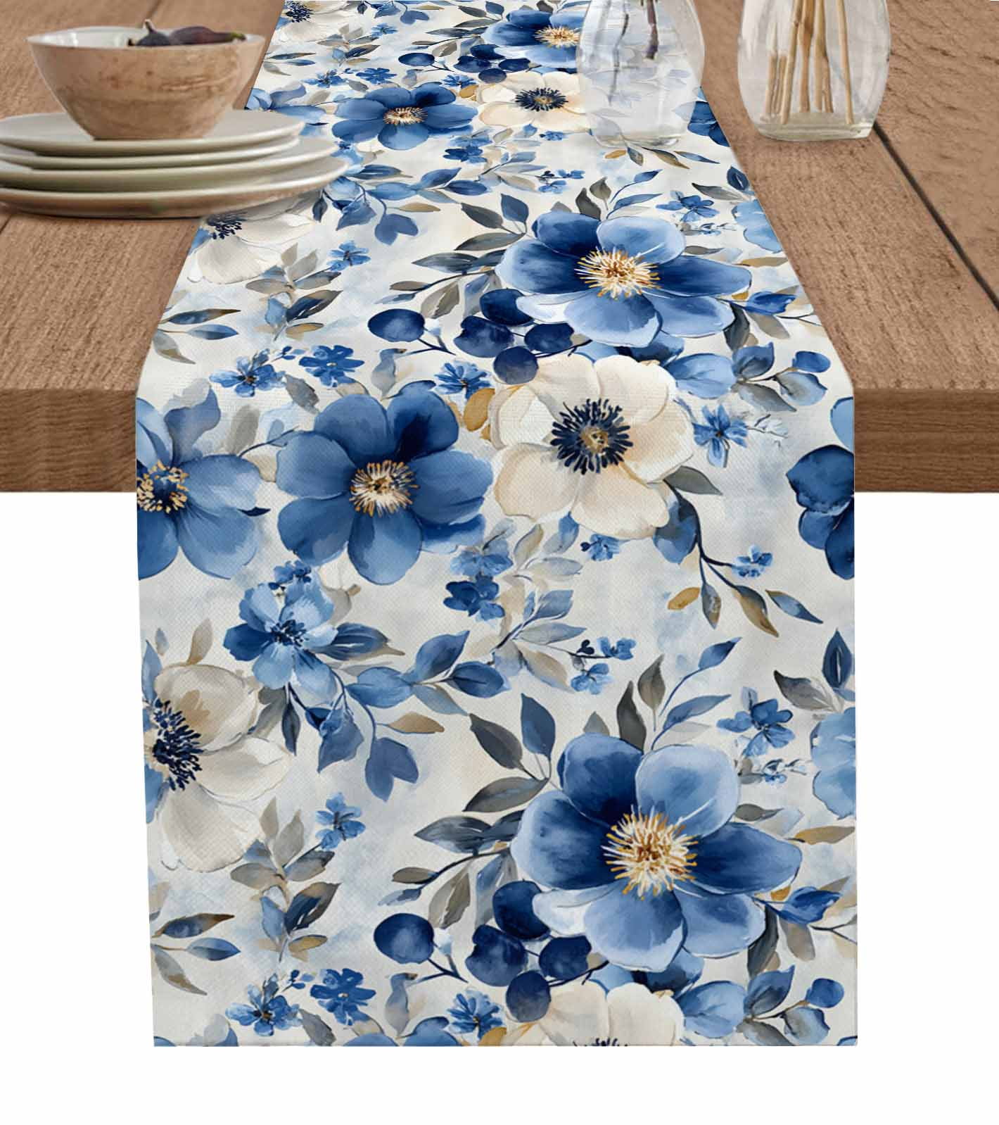 Blue Flower Table Runner 72 Inches, Retro Modern Graffiti Art Paint ...