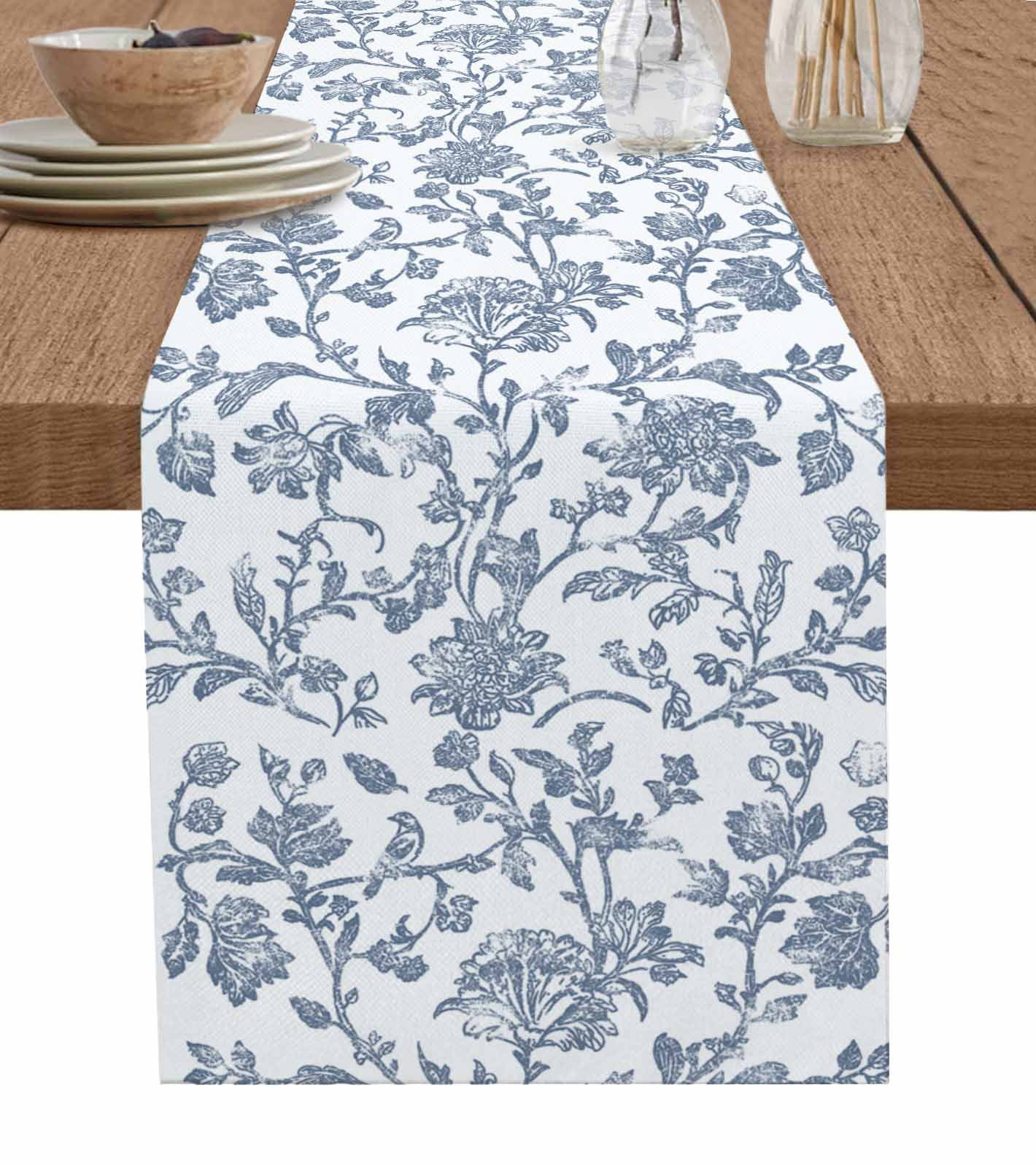 Blue Flower Table Runner 72 Inches, Vintage Farmhouse Boho Leaf Spring ...