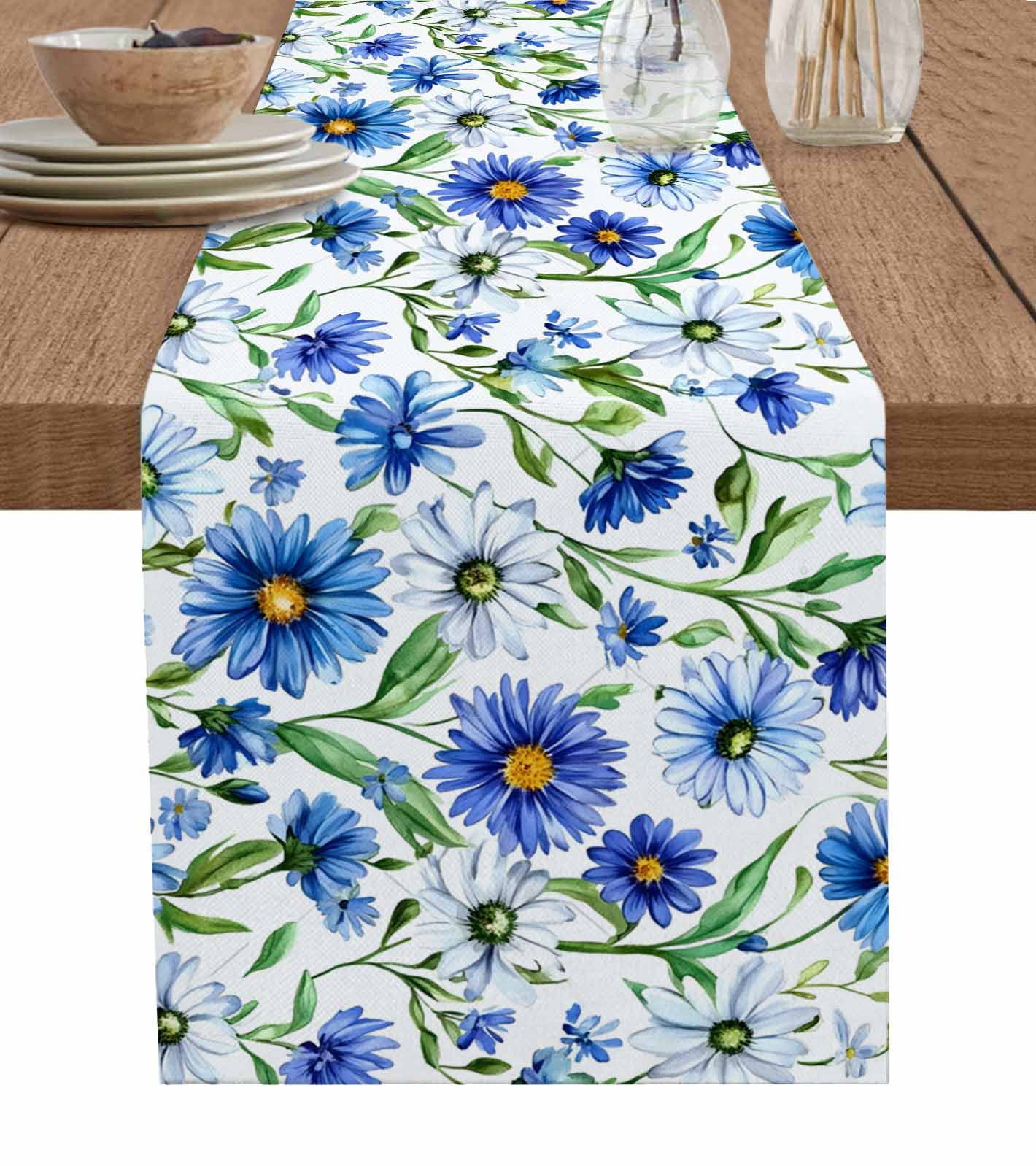 Blue Flower Table Runner 90 Inches, Gradient Daisy Floral Watercolor ...