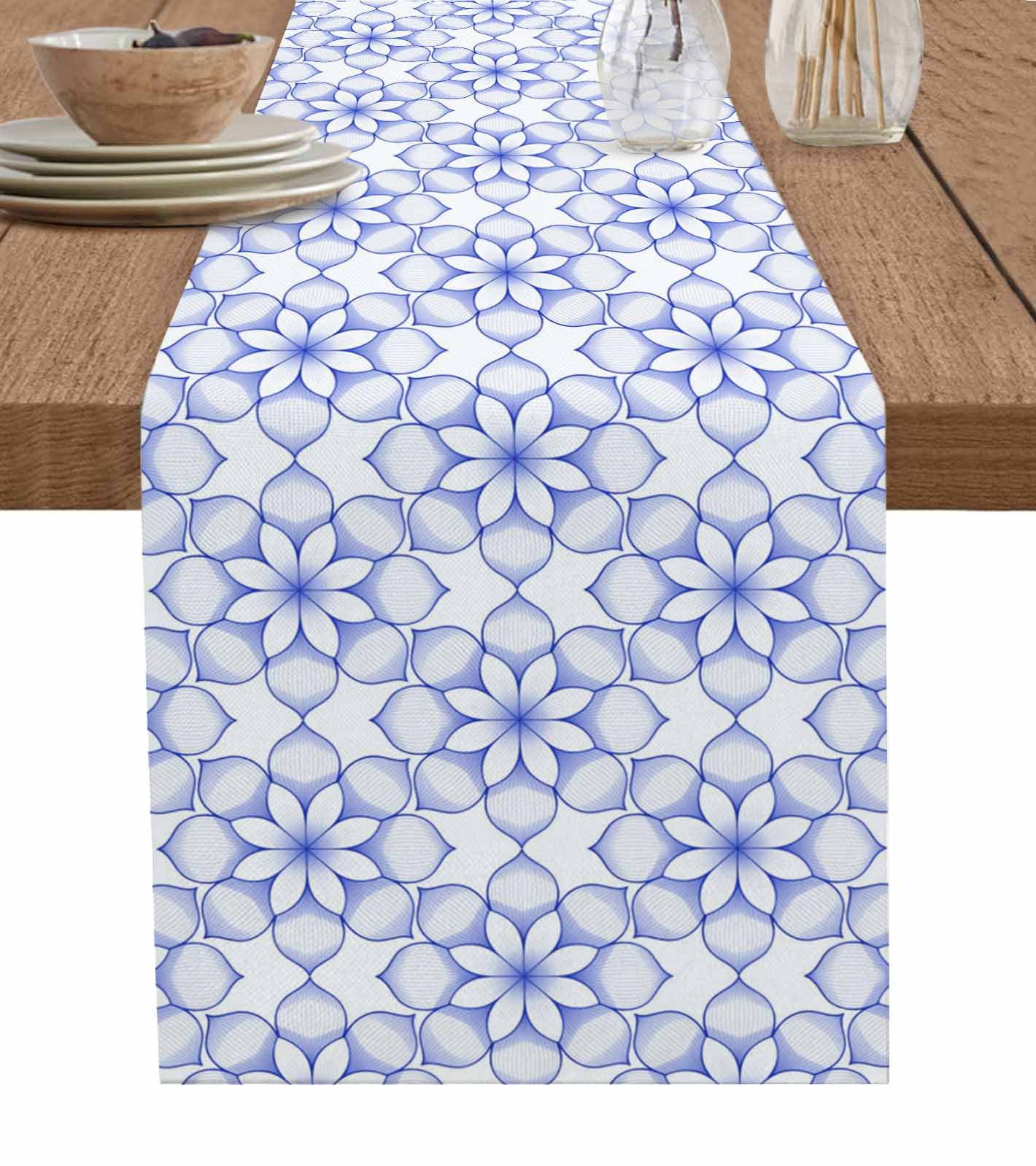 Blue Flower Table Runner 90 Inches, Retro Tribal Art Abstract ...