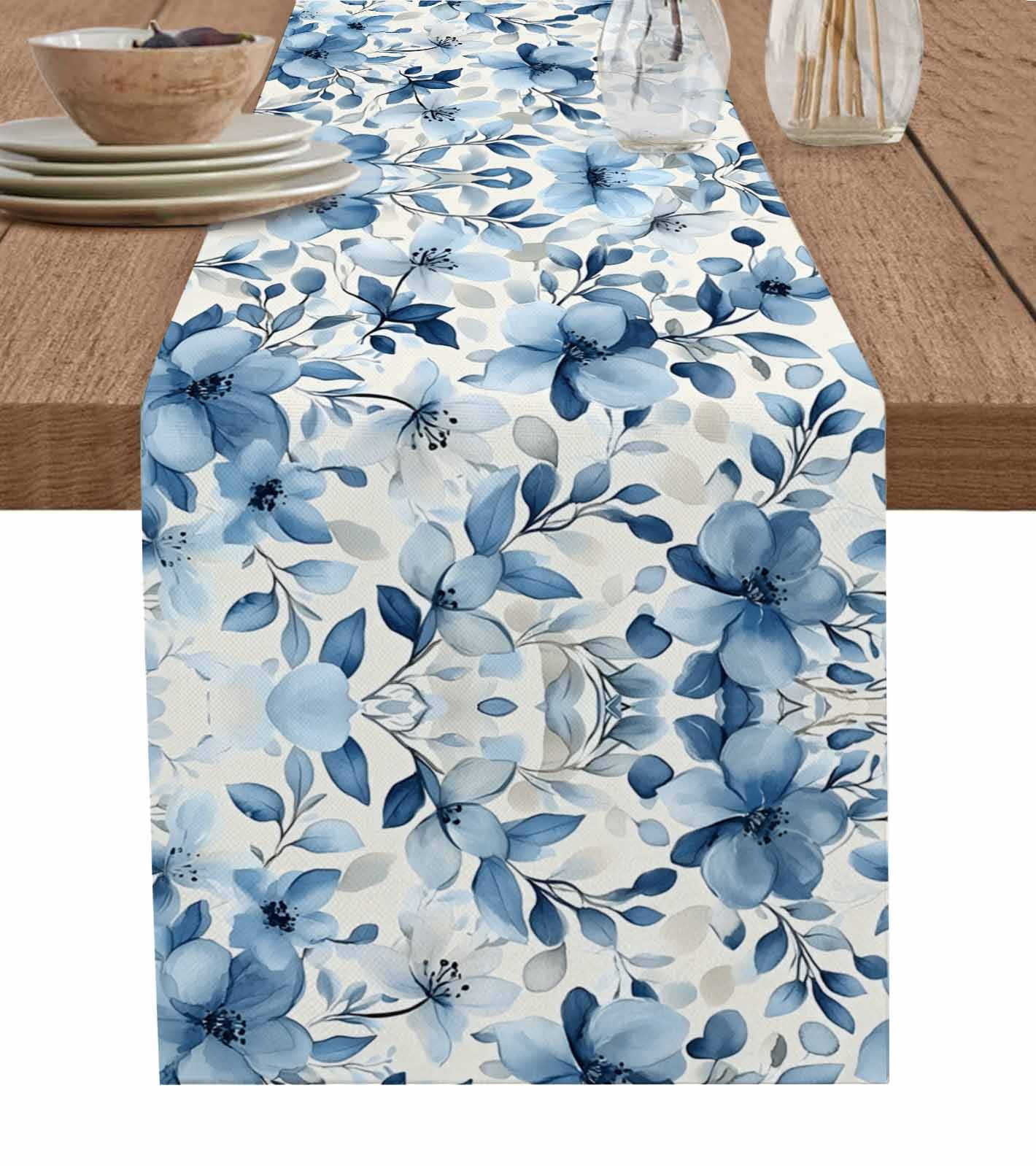 Blue Flower Table Runner 90 Inches, Vintage Botanicals Wildflower ...