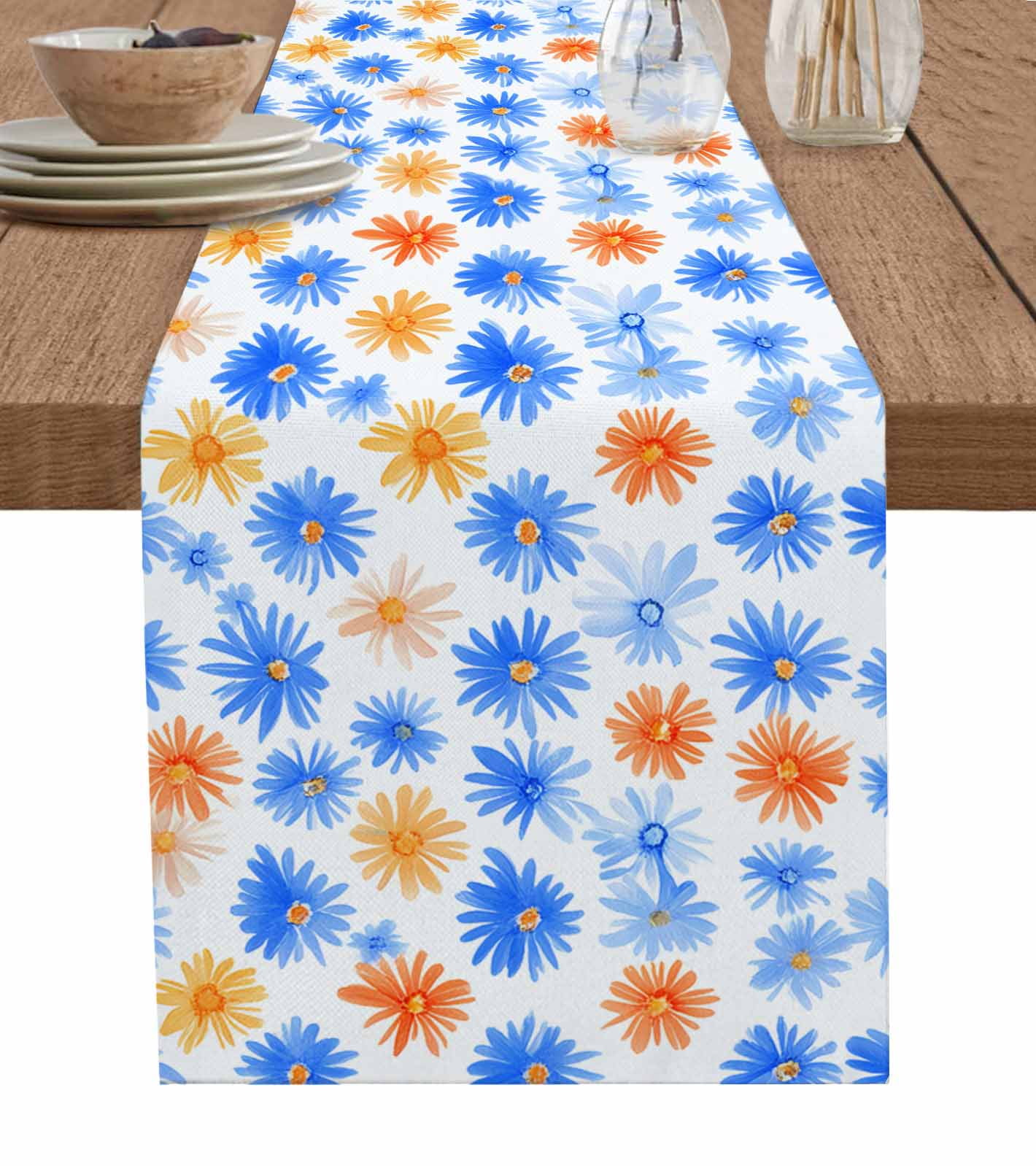 Blue Flower Table Runner Cotton Linen 120 Inch Holiday Dresser Scarves ...