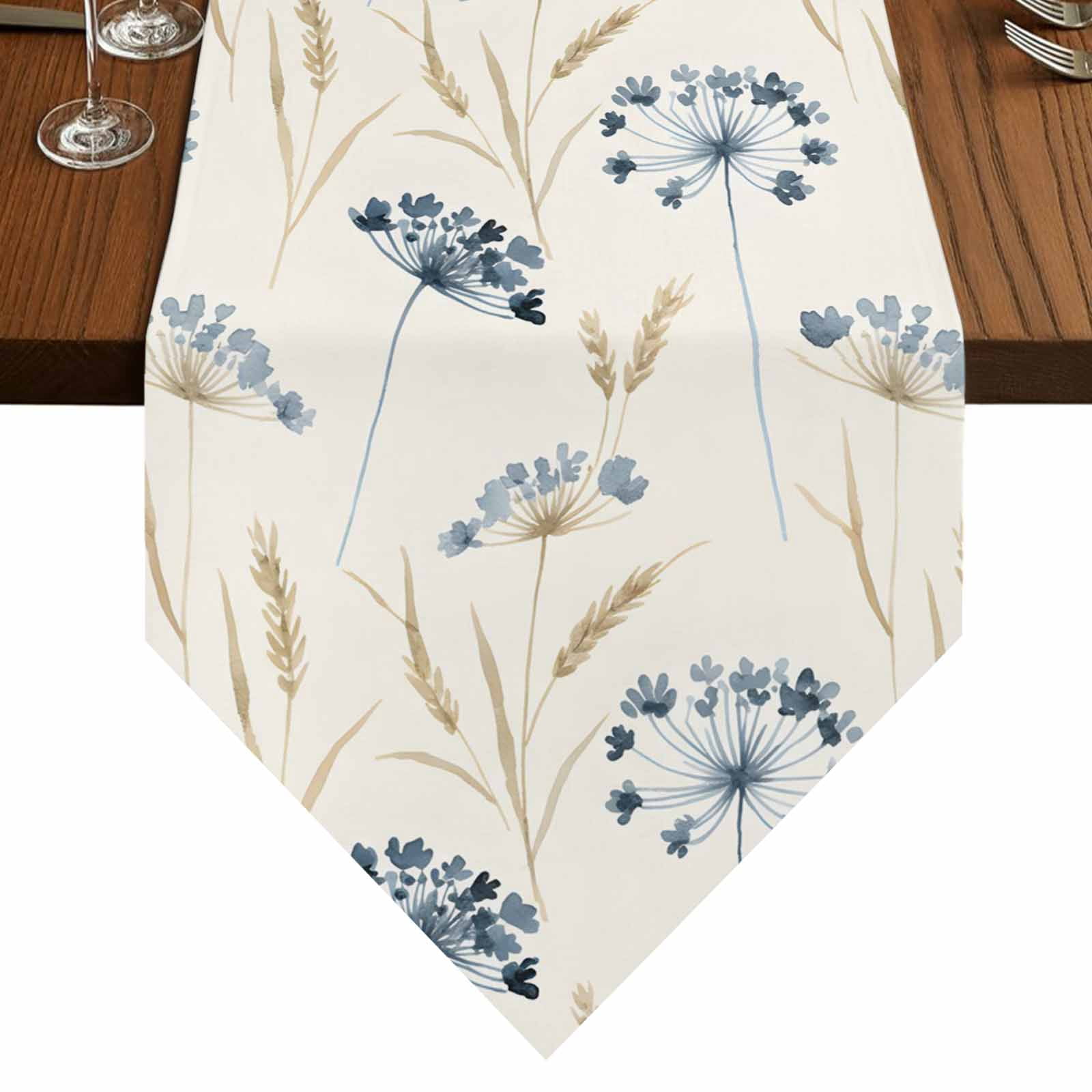 Blue Flower Table Runner for Dining Room, Gold Wheat Country Abstract ...
