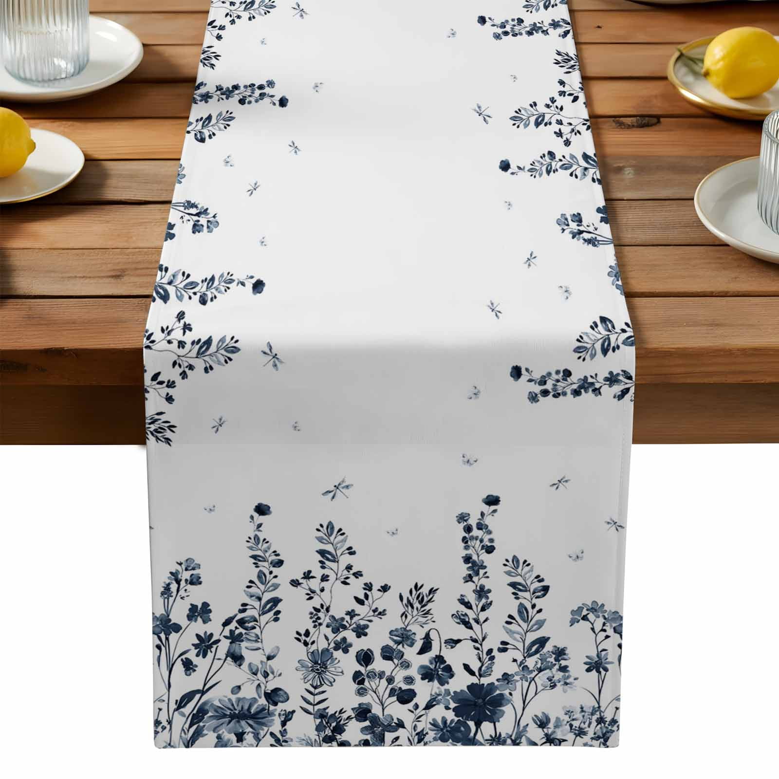 Blue Flower Table Runner, Dragonfly Leaf Bud Ink Style Plant Nature ...