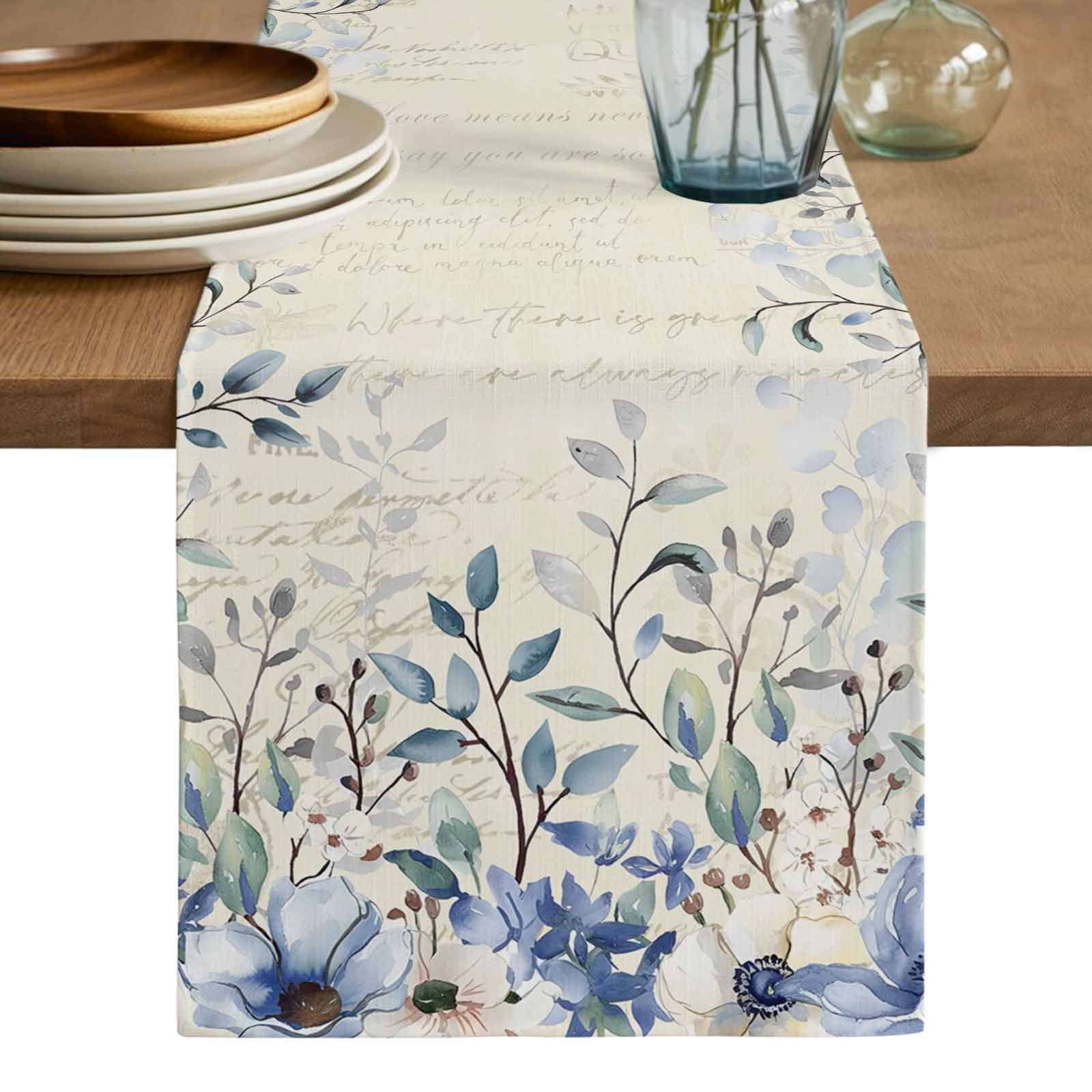 Blue Flower Table Runner, Farmhouse Eucalyptus Retro Country Plant ...