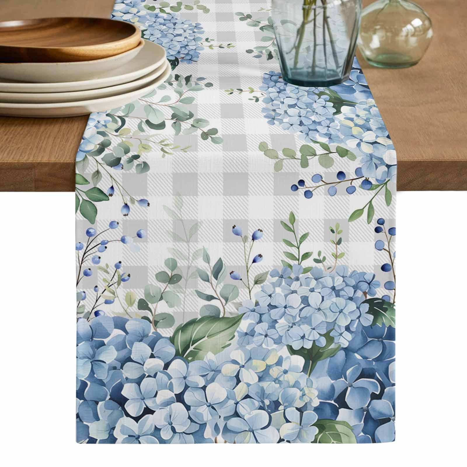 Blue Flower Table Runner, Grey Plaid Hydrangeas Eucalyptus Leaves ...