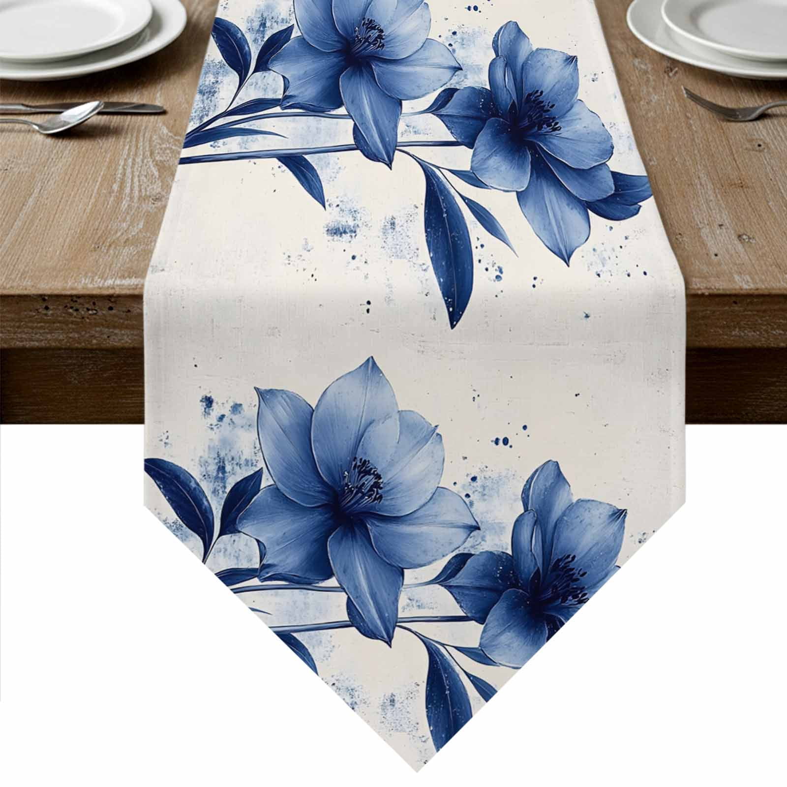 Blue Flower Table Runner Linen Burlap Table Runner 108 Inches Long ...