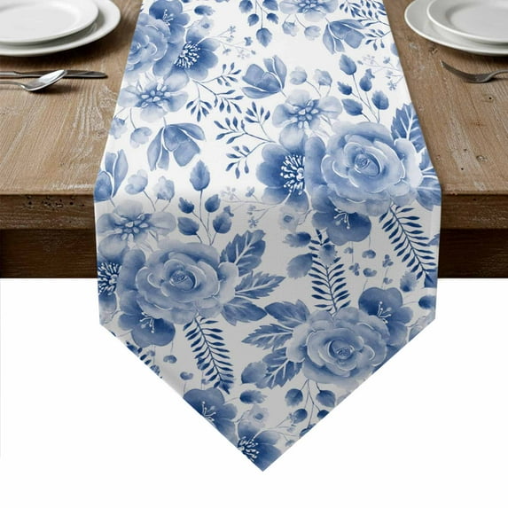 Blue Flower Table Runner Linen Burlap Table Runner 120 Inches Long ...