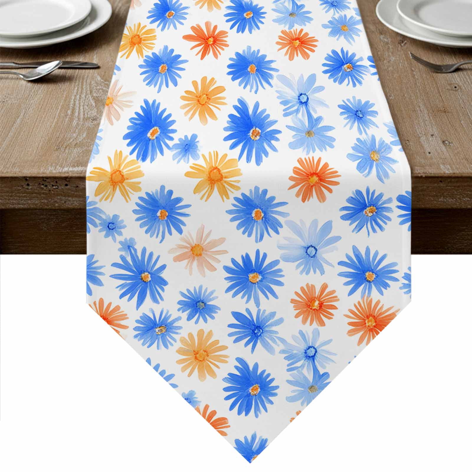 Blue Flower Table Runner Linen Burlap Table Runner 72 Inches Long ...