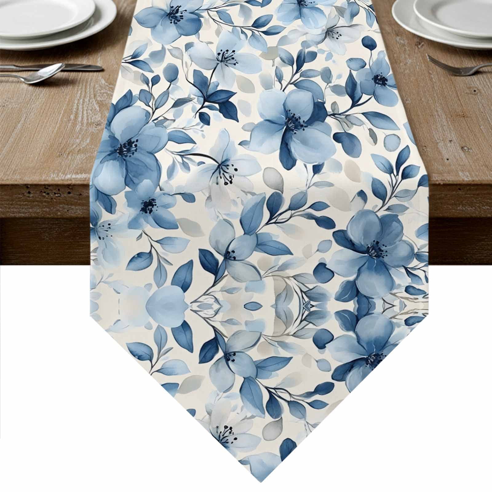 Blue Flower Table Runner Linen Burlap Table Runner 90 Inches Long ...