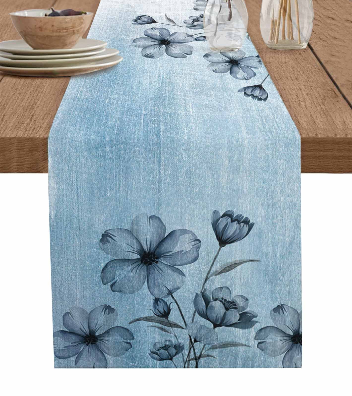 Blue Flower Table Runner Retro Gradient Texture Painting Plant Leaf ...